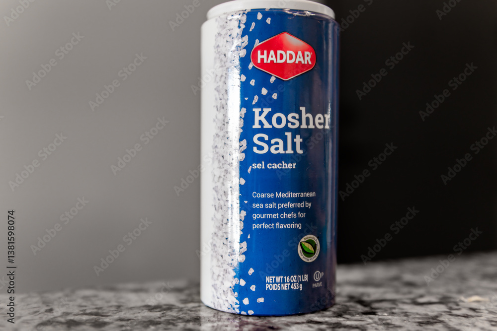 Avon, USA - February 7, 2023: Storebought kosher salt bottle sign text ...