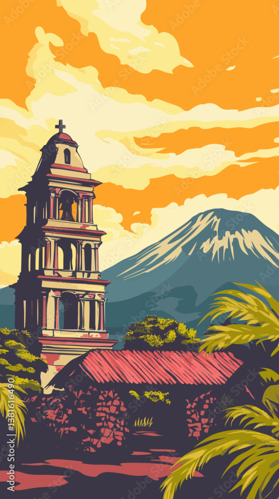 Art Deco Style Mayon Volcano and Cagsawa Ruins Bell Tower Vector in ...