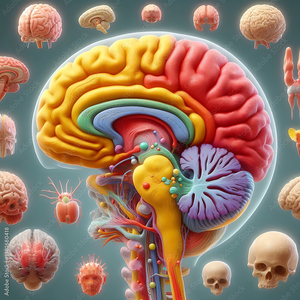 Caudate nucleus (yellow), putamen (green), globus pallidus (red), and ...