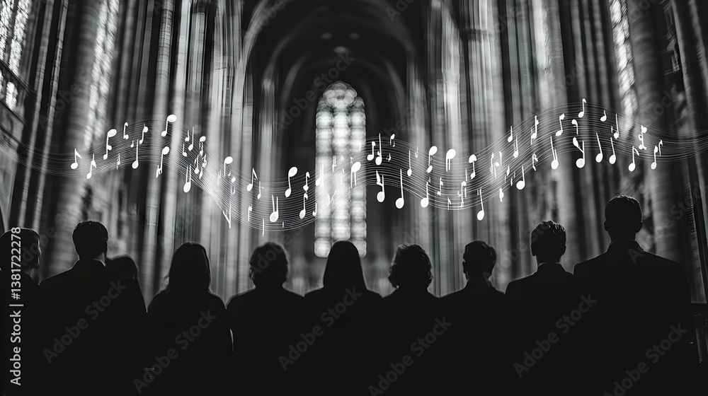 Choir stands in a cathedral under musical notes in black and white ...
