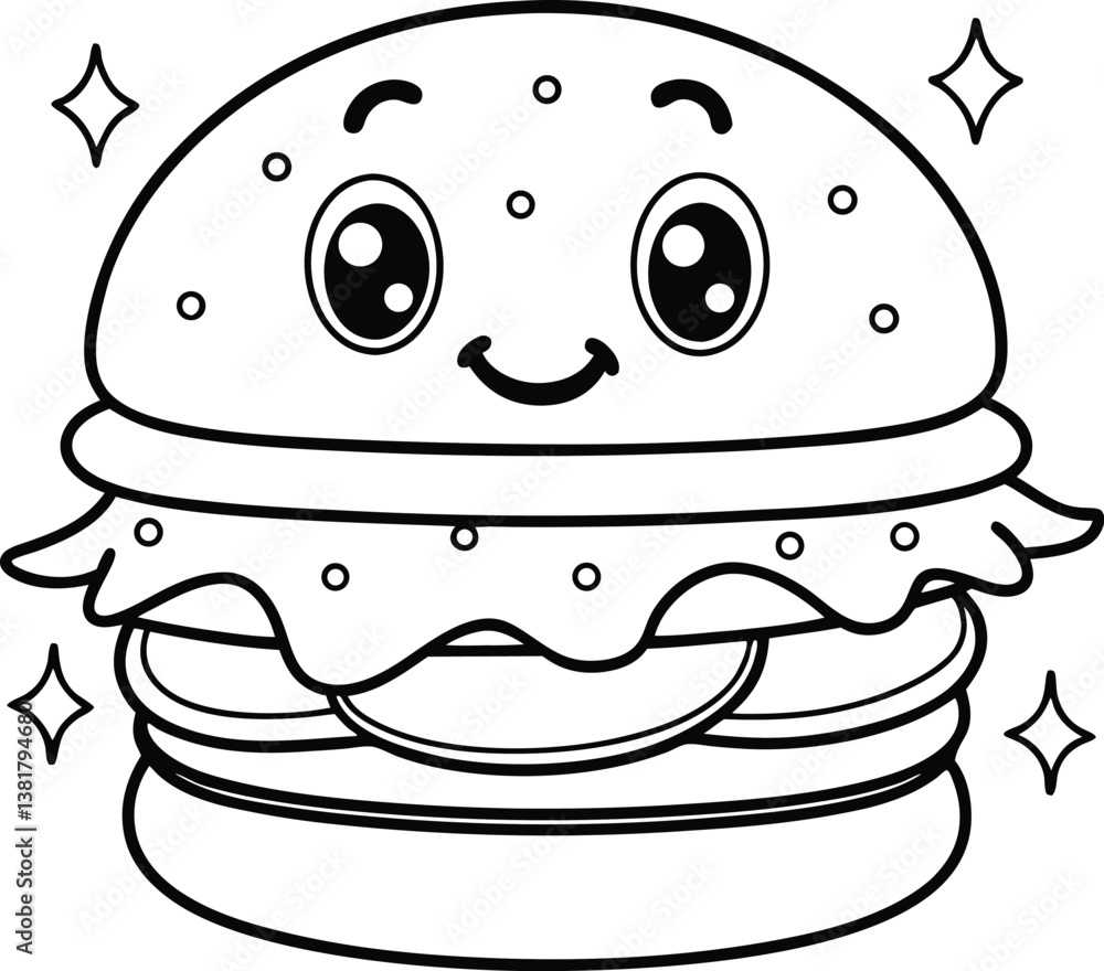 Cute Burger Coloring Page for Kids – Smiling Fast Food Printable Art ...