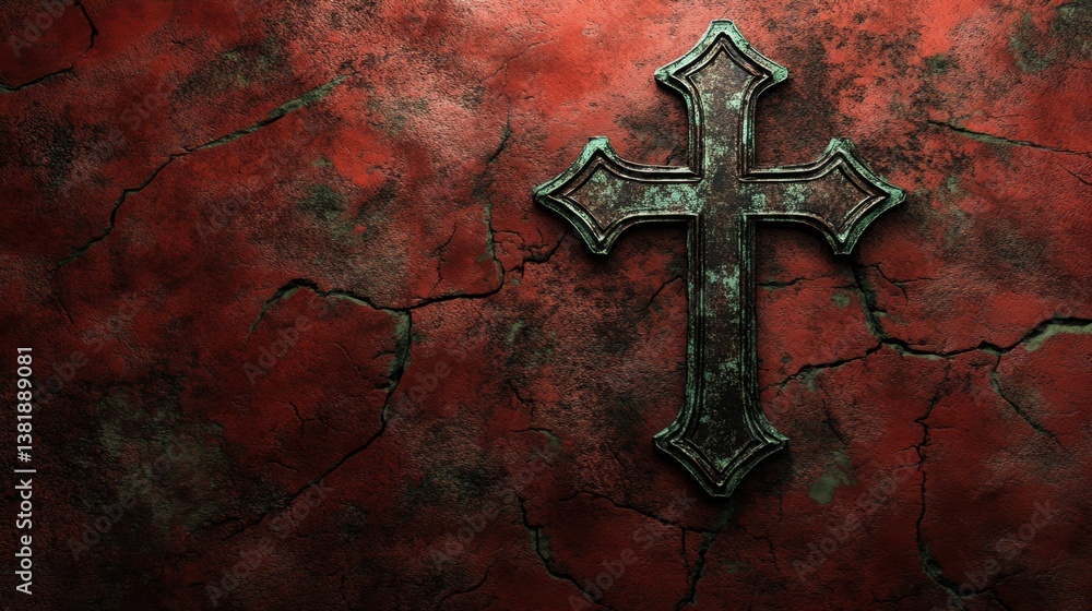 Ancient iron cross embedded in a cracked wall with dramatic lighting ...