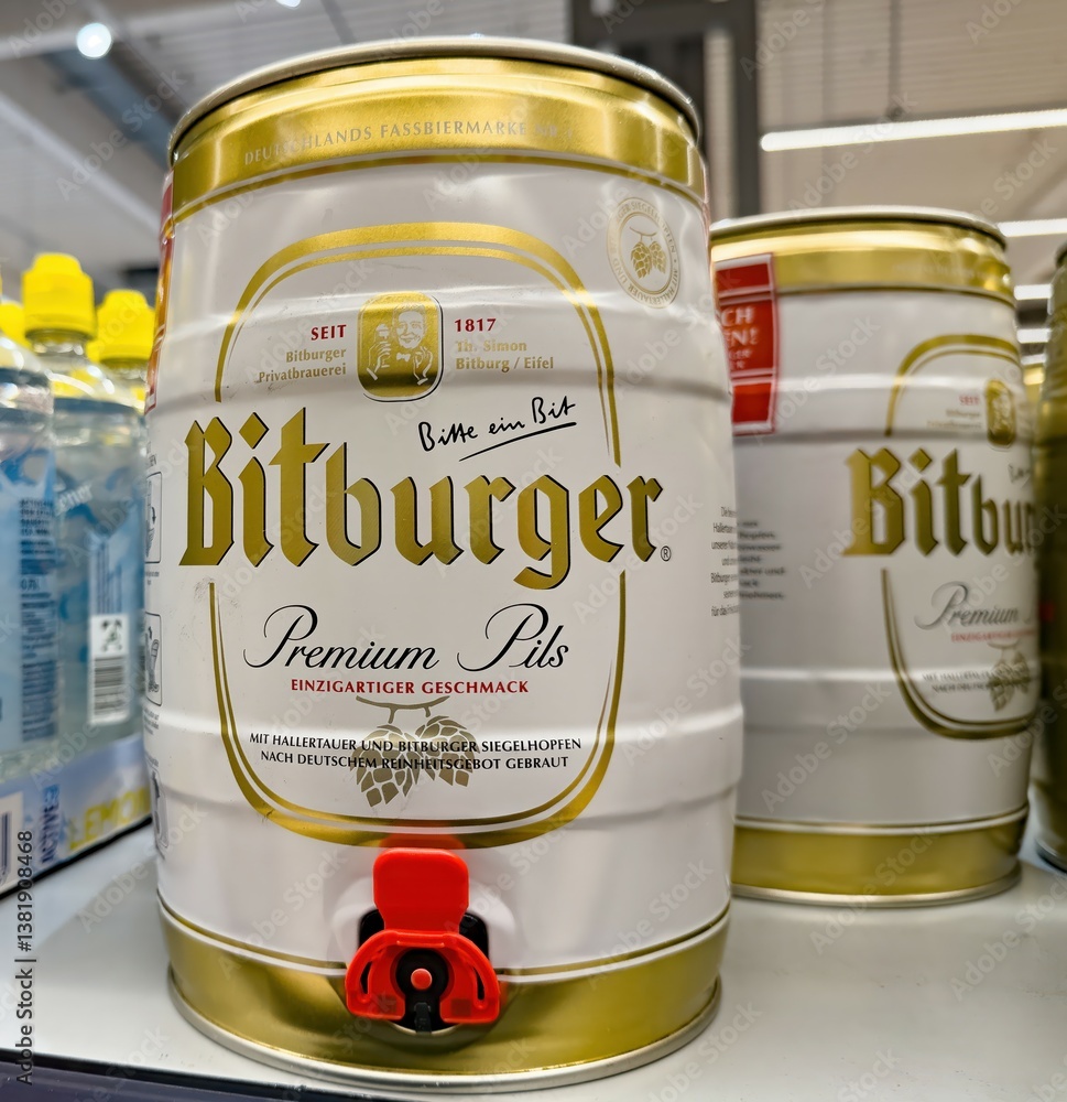 Bitburger premium beer keg displayed - FRANKFURT, GERMANY - MARCH 21 ...
