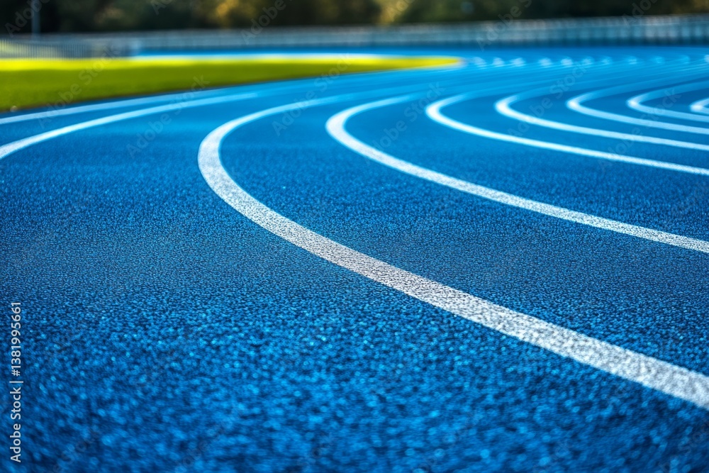Blue Running Track With Curved Lane Lines Reflecting Sunlight in ...