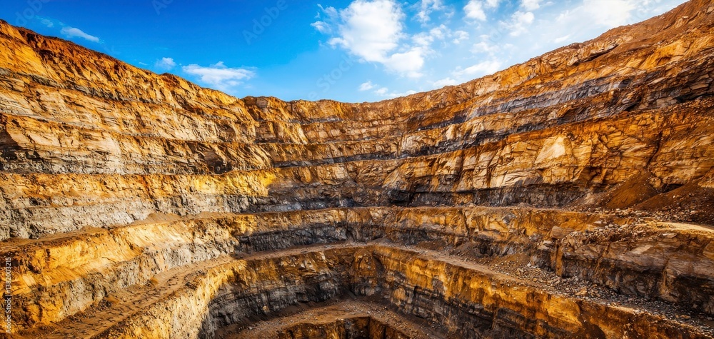 Close up view of the rugged rock walls and layers of earth in an open ...