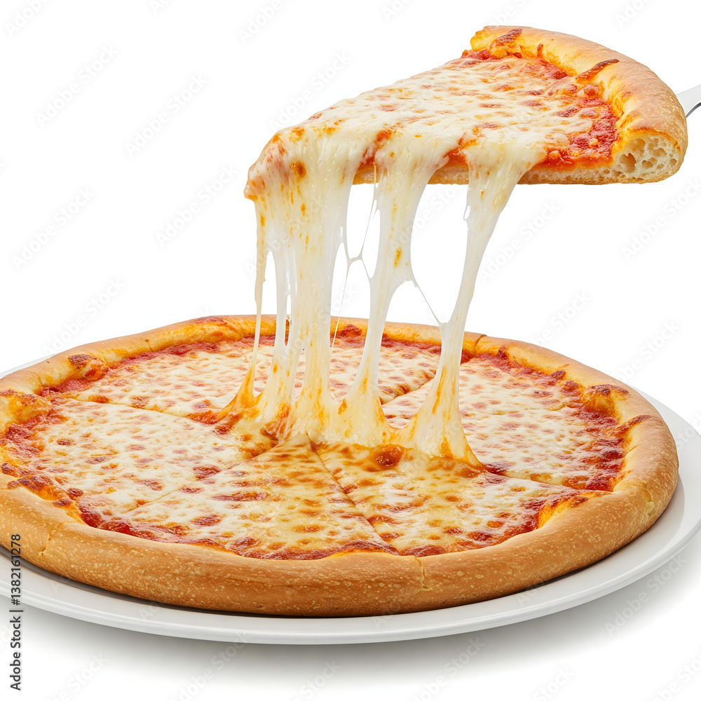 Golden Pizza Perfection: A whole pizza with a single slice being lifted ...