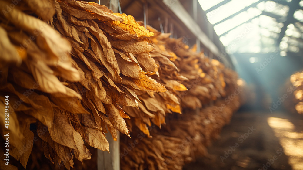 Tobacco leaves hang in rows inside a rustic barn, drying slowly under ...