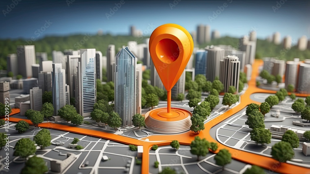 Orange location pin marking a specific building on a 3d city map with ...