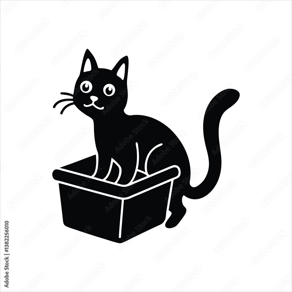 Funny Cat Pooping in Litterbox Cute Cartoon Silhouette Vector Stock ...