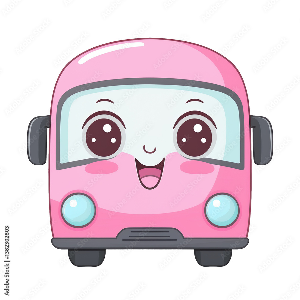 Cute pink bus kawaii cartoon character on transparent png background ...