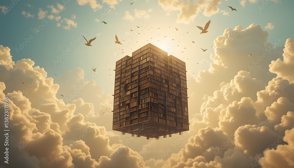A massive cube-shaped building floating among the clouds, defying ...