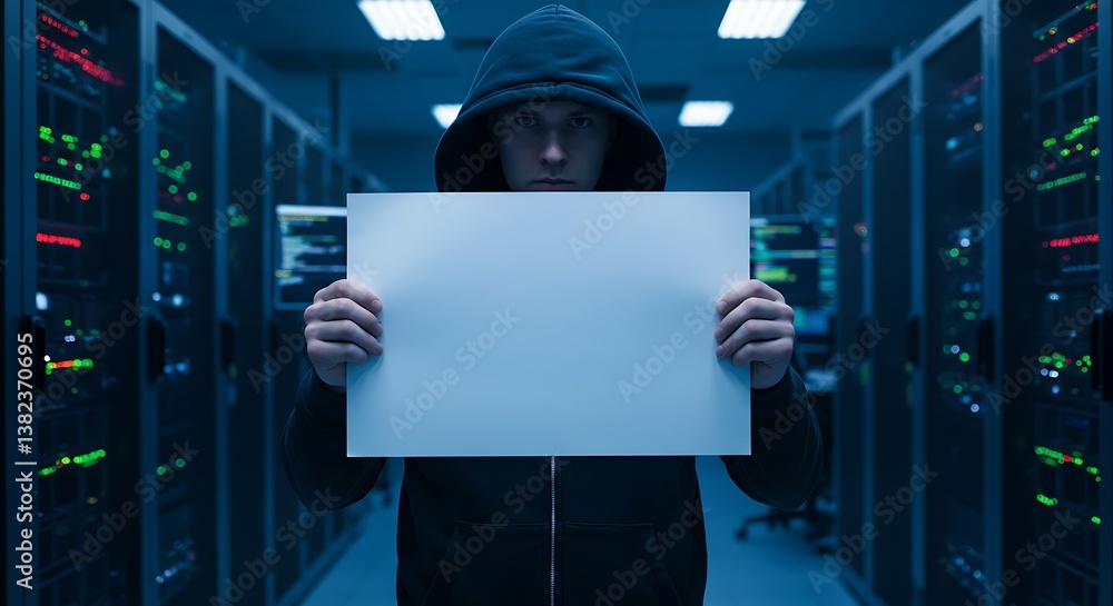 Hacker in hoodie, server room, rack servers Person holding a blank sign Cybersecurity marketing ...