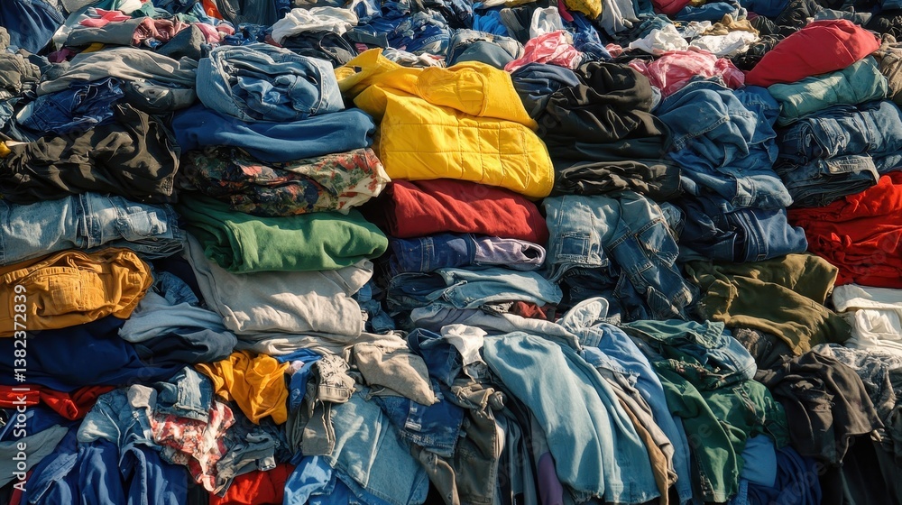 Pile of discarded, colorful used clothes and textiles. Illustrates fast ...
