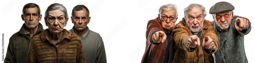 Photograph of angry older adults on a white background, The image ...