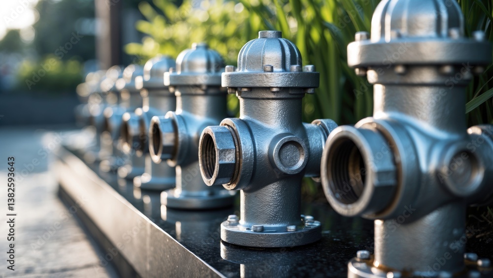 series of pipes fitted with outlets for fire hoses, representing ...