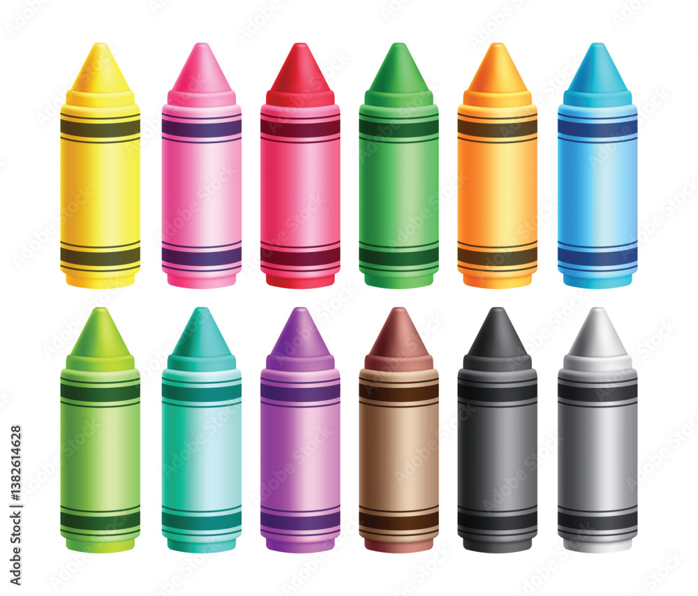 Colorful crayons elements clipart set. 3d wax crayons for school ...