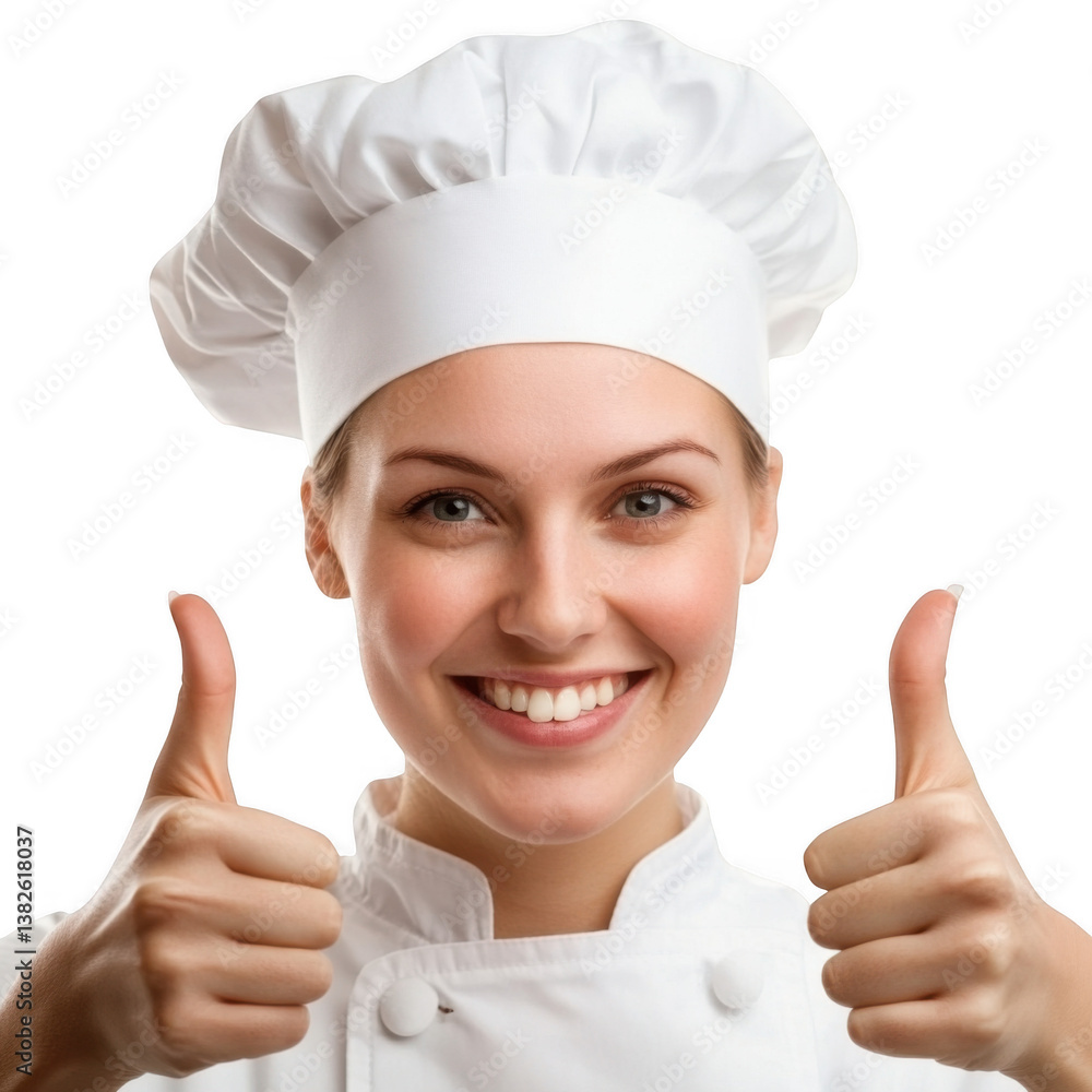 Smiling female chef in white uniform giving thumbs up gesture with both ...