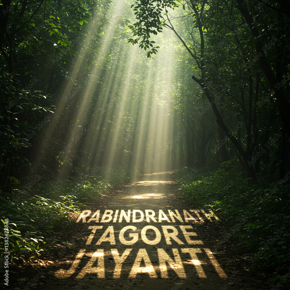 Ethereal Forest Path with Rays of Light and Rabindranath Tagore Jayanti ...