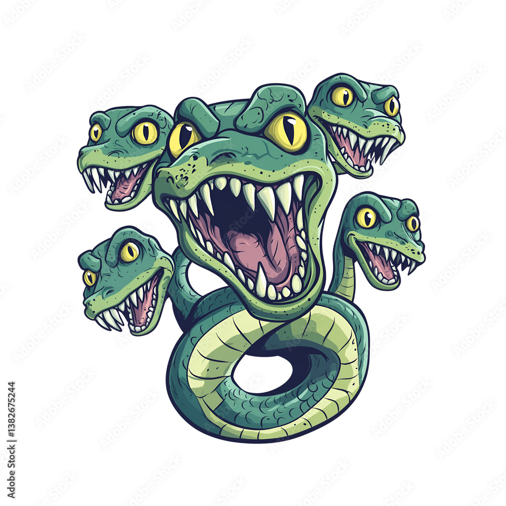 Cartoon Hydra with Many Heads Illustration on Clean White or ...