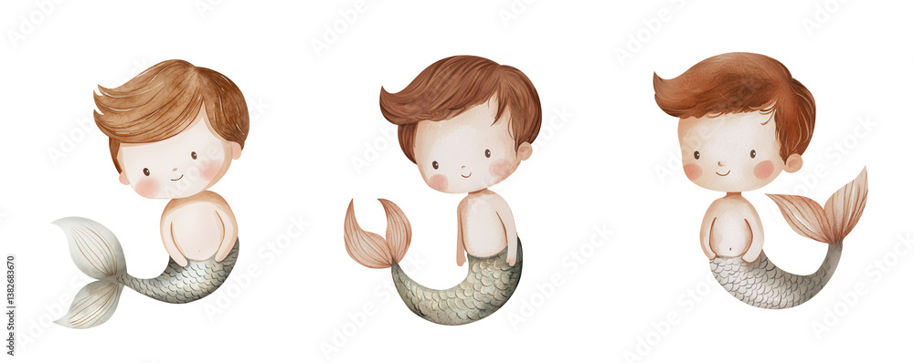 Little mermaid boy. Cute watercolor illustration set of child character ...