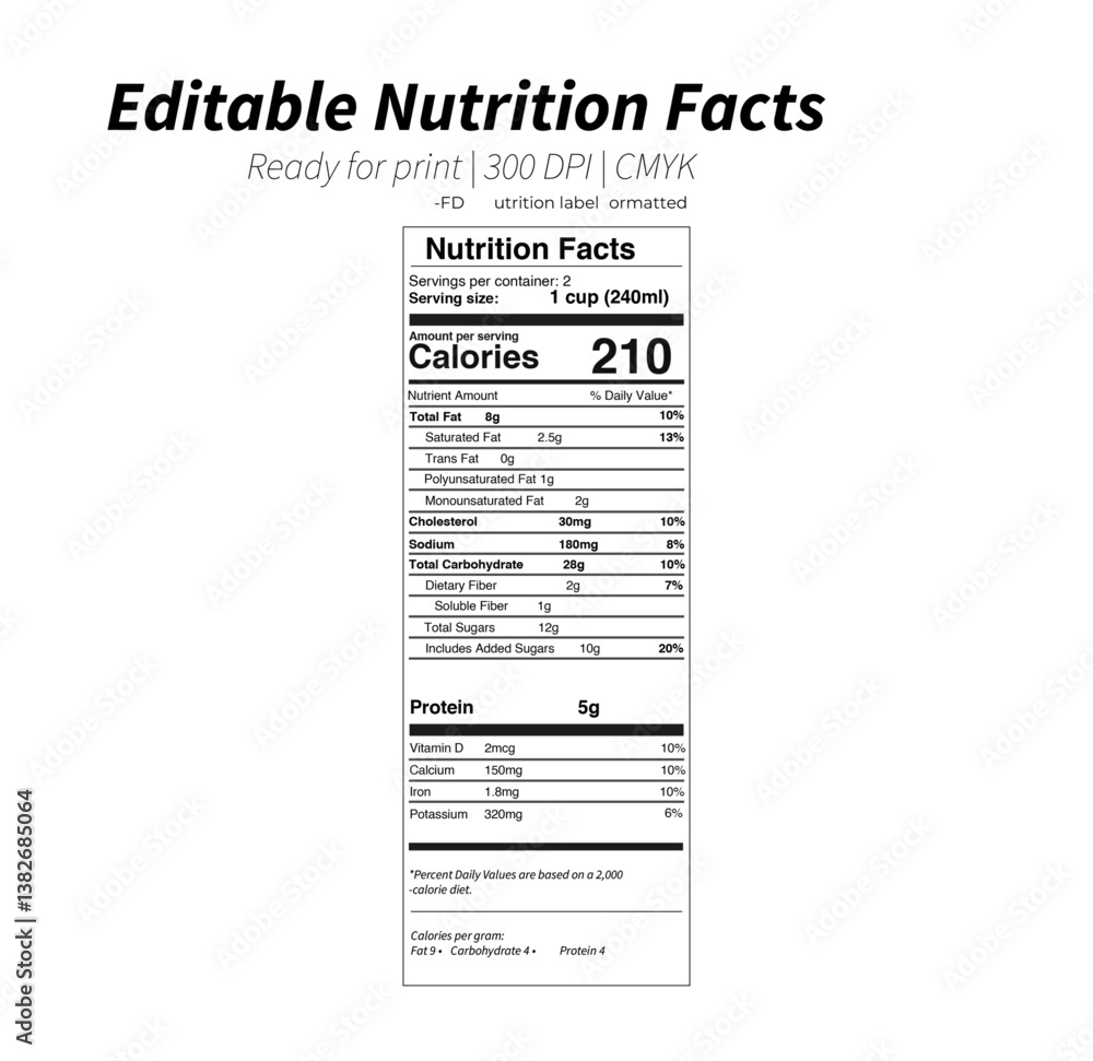 Vector de Stock Nutrition facts Label design, fully editable, Ready to Print file, US-FDA ...