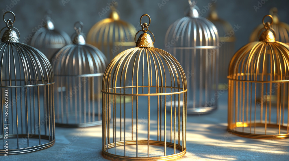 Bird cages, vintage empty birdcages of golden and silver colors, metal ...