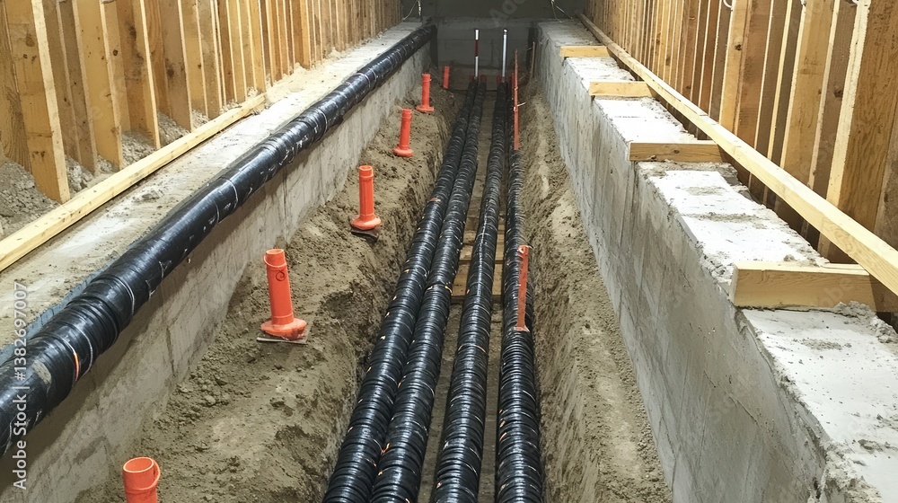 Multiple utility cables and conduits neatly placed in a concrete ...