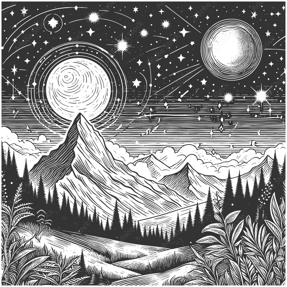 mountain range beneath a starry night sky with a crescent moon and ...