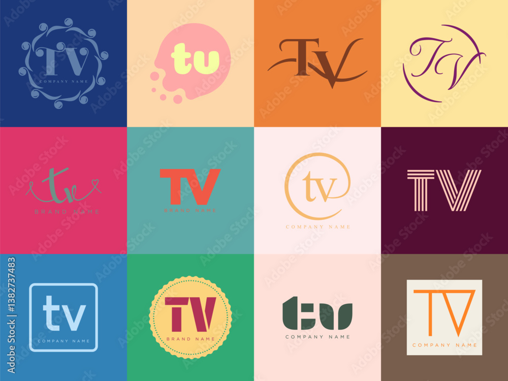 TV logo company template. Letter t and v logotype. Set different ...