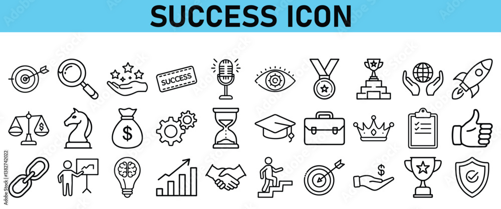 Success line icon set. Contains icons Award, Trophy, Medal, Crown ...