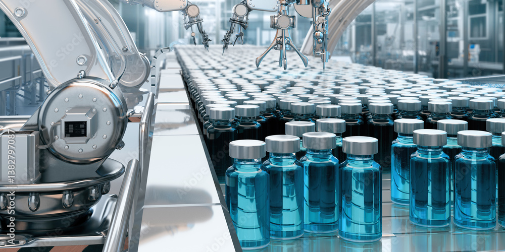 Automated pharmaceutical conveyor line, robotic arms handling medical vials. Advanced technology ...