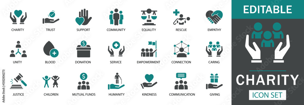 Charity Icon Set Featuring charity, donation, support, community ...