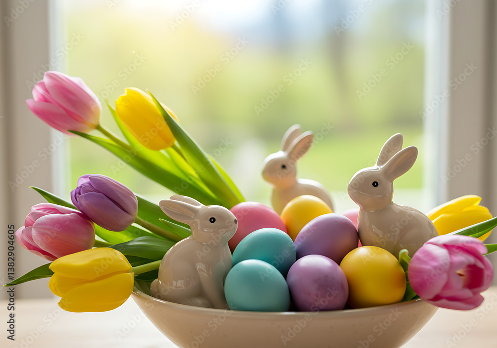 Beautiful easter decoration with tulips easter eggs and easter bunnies ...