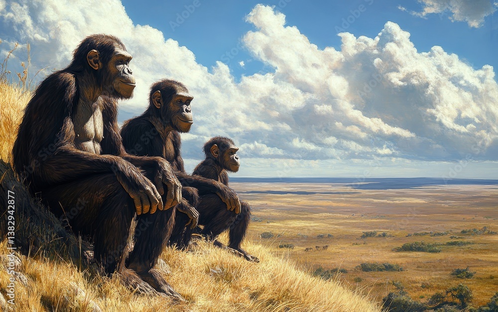 A small group of Australopithecus afarensis cautiously forages for food ...