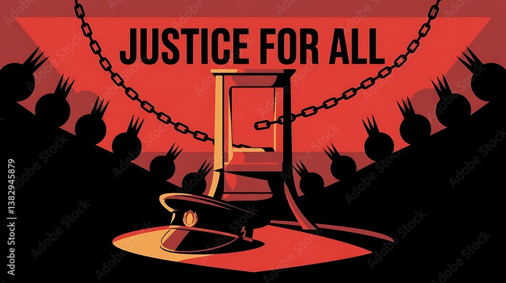 Ilustrace justice for all banner design with a guillotine stands ...