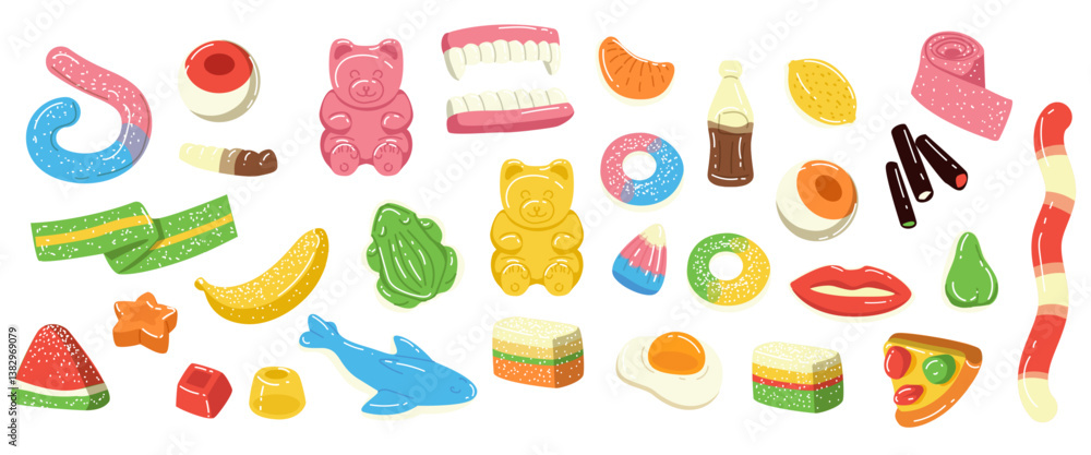 Gummy candy set. Jelly bears, worms, chewing fruit. Soft colorful funny ...