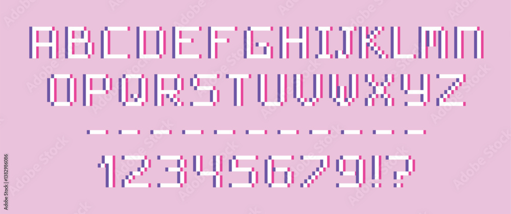 Pixel font set with glitch effect on pink background. Uppercase letters ...