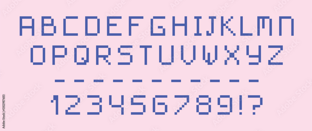 Pixel font set on pink background. Uppercase letters and numbers in pixel art style for computer ...