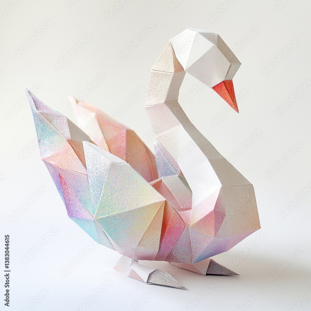 Elegant Pastel Glitter Swan Papercraft Model Unique Geometric Origami ...