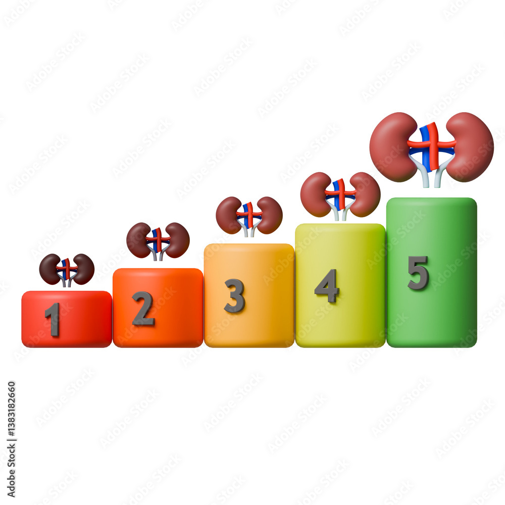 3D bar graph shows five stages of kidney function with kidneys on color ...