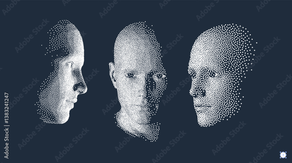 Three human faces built from particles. Conceptualisation of technology ...