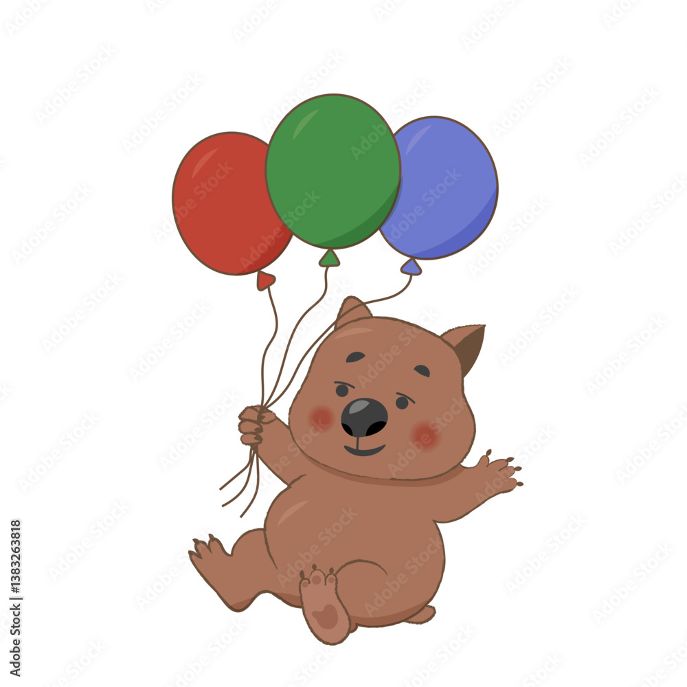 Cute wombat flying on balloon illustration, cartoon clipart character ...