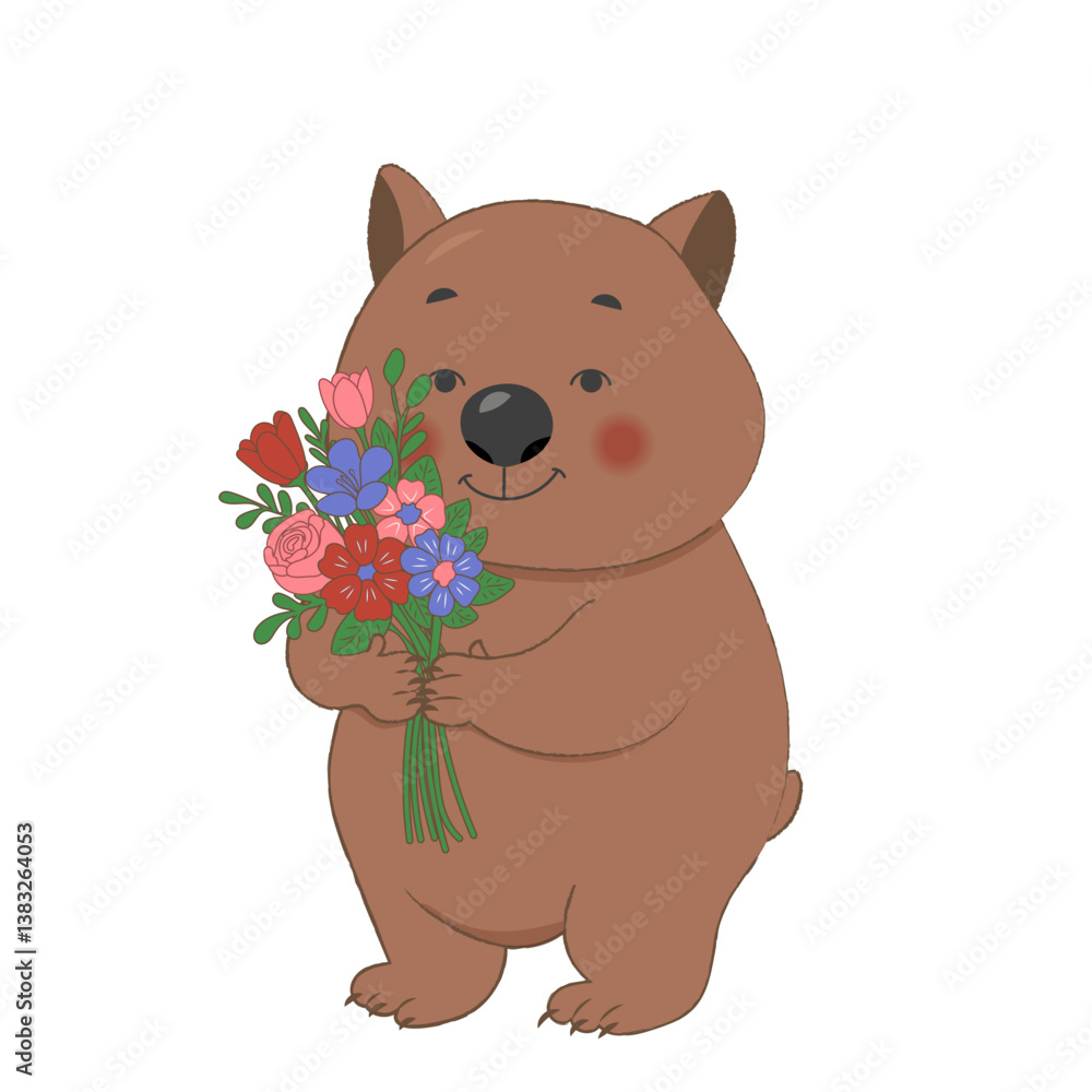 Cute wombat with flowers illustration, cartoon clipart character ...