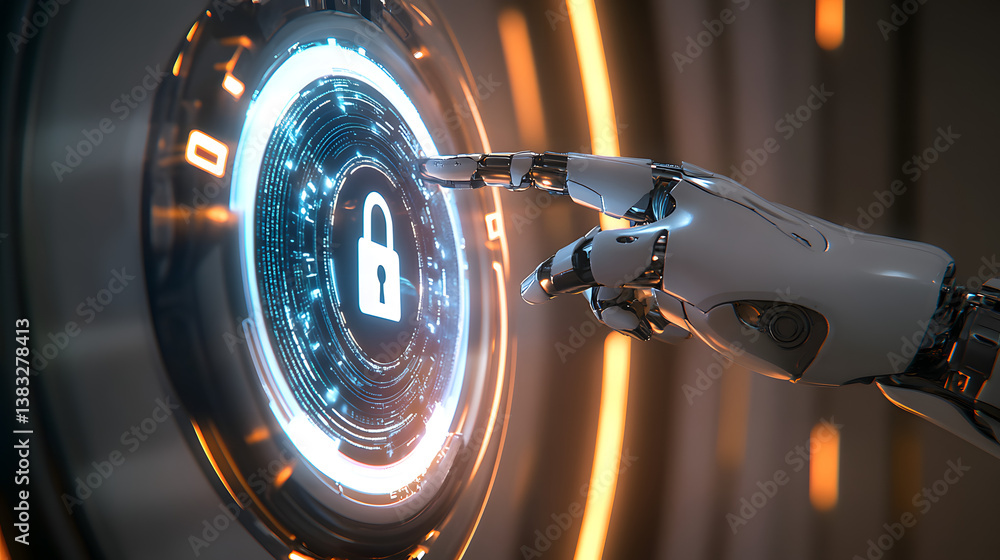 Robot hand touching digital lock interface, futuristic cybersecurity ...