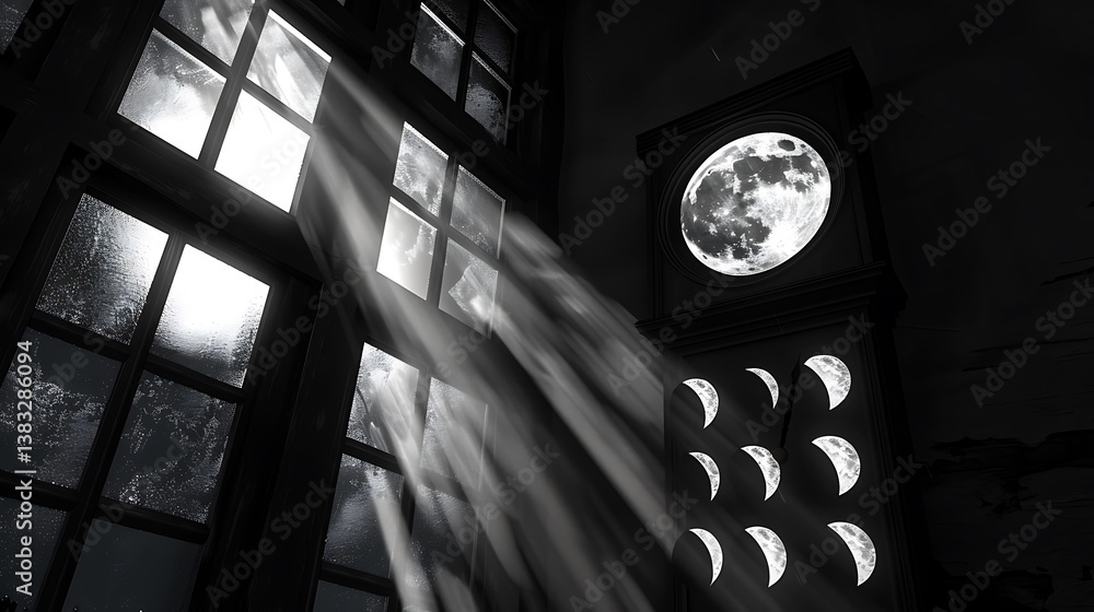Mysterious black and white scene featuring a surreal grandfather clock ...