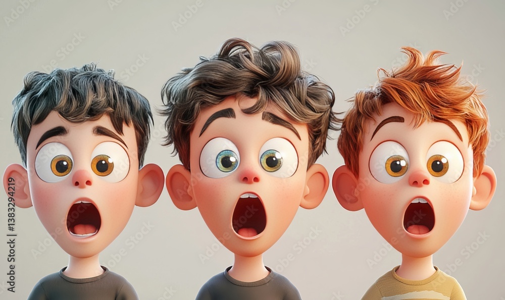 three surprised boys with open mouths and wide eyes expression of shock ...