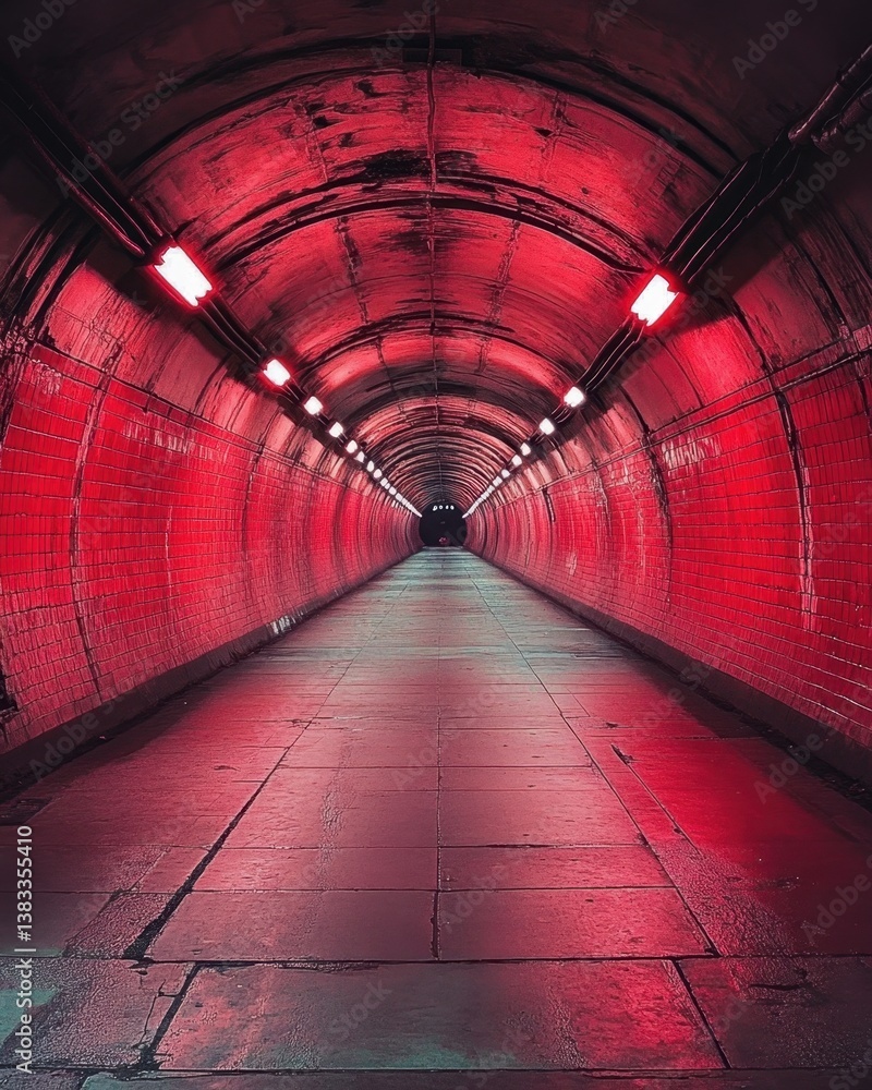 Dramatic red tunnel perspective with vanishing point lights and tiled ...