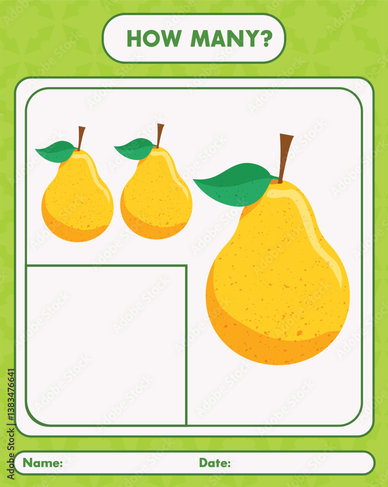 How many pears counting worksheet for kids preschool kindergarten math ...