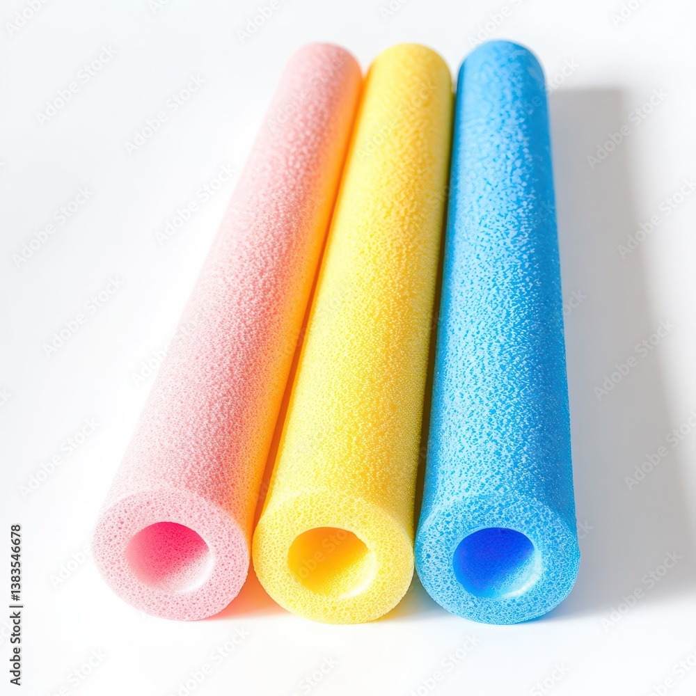 three colorful swimming pool noodles side-by-side, each with a unique ...