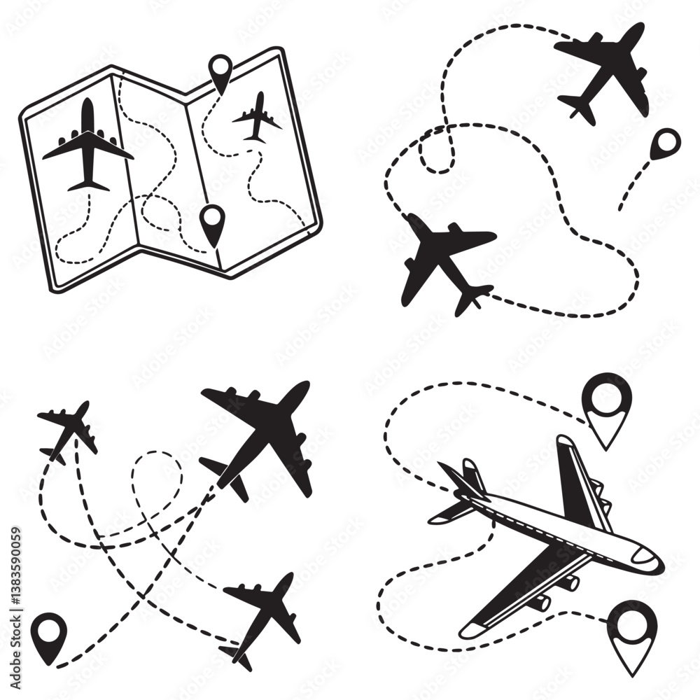 Vector de Stock Airplane routes vector set. Line path vector icons of ...